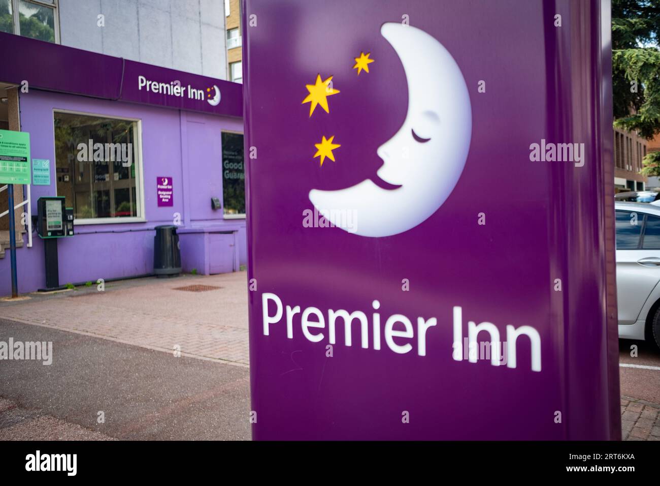 LONDON- AUGUST 3, 2023: Premier Inn logo and signage of Hammersmith ...