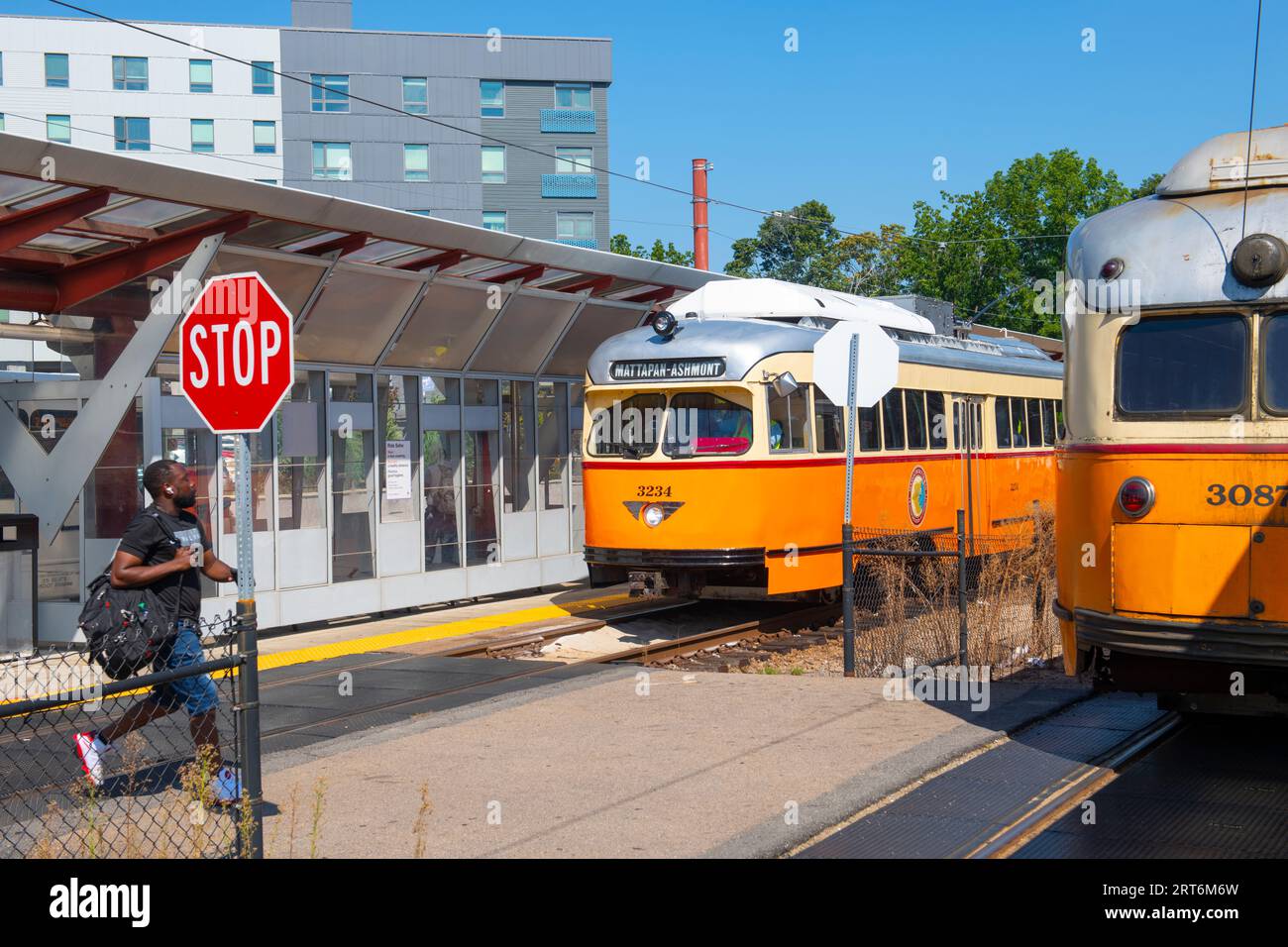 Boston MBTA Red Line Extension Ashmont - Mattapan Line PCC Streetcar at terminal at Mattapan ...