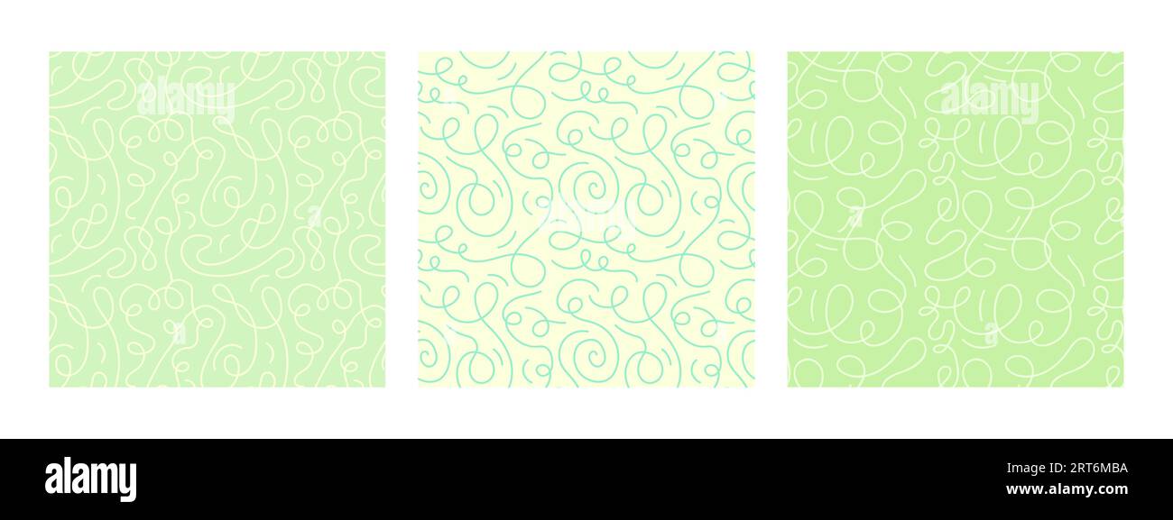hand drawn set of squiggle print seamless pattern. Green yellow line ...