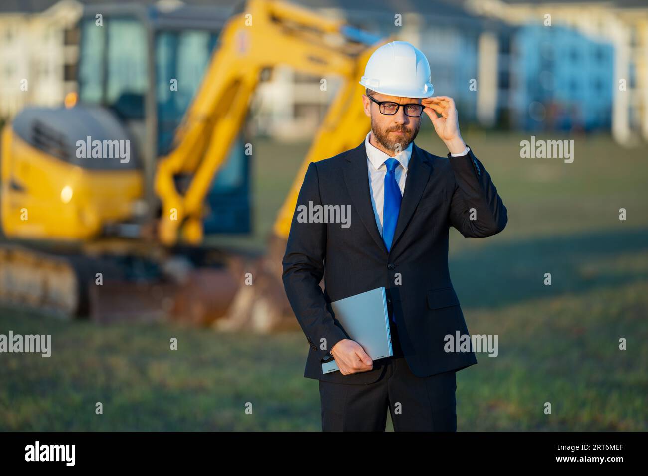Construction builder investor. Man investor in front of construction ...