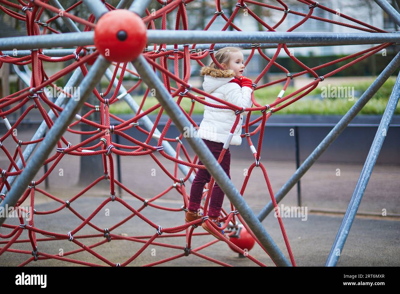 Adorable preschooler girl having fun in adventure park. Child on tree ...
