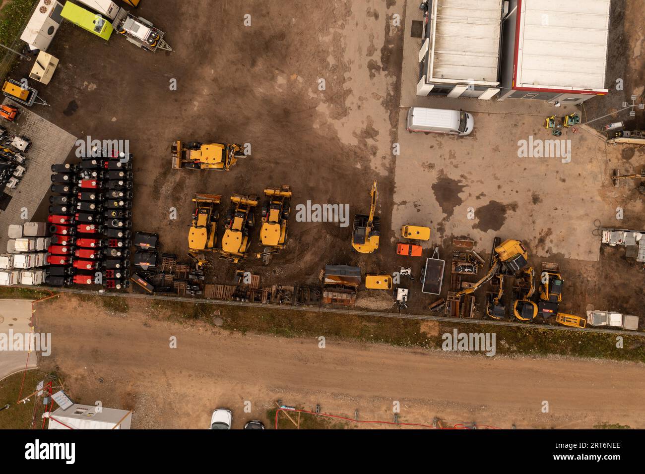 Drone photography of construction machinery parking lot during summer ...