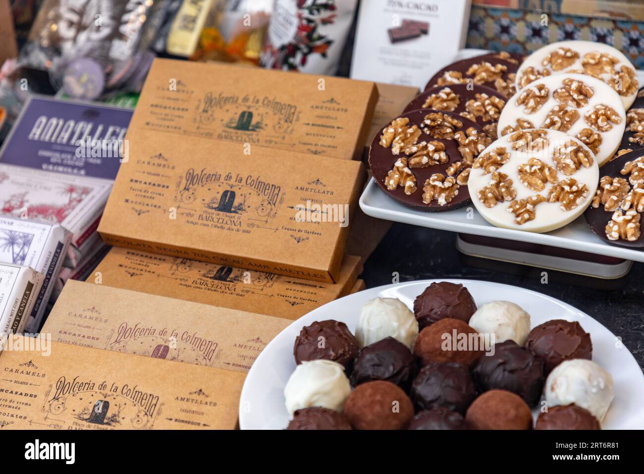 Barcelona, Spain - FEB 13, 2022: Handmade artisan chocolates displayed ...