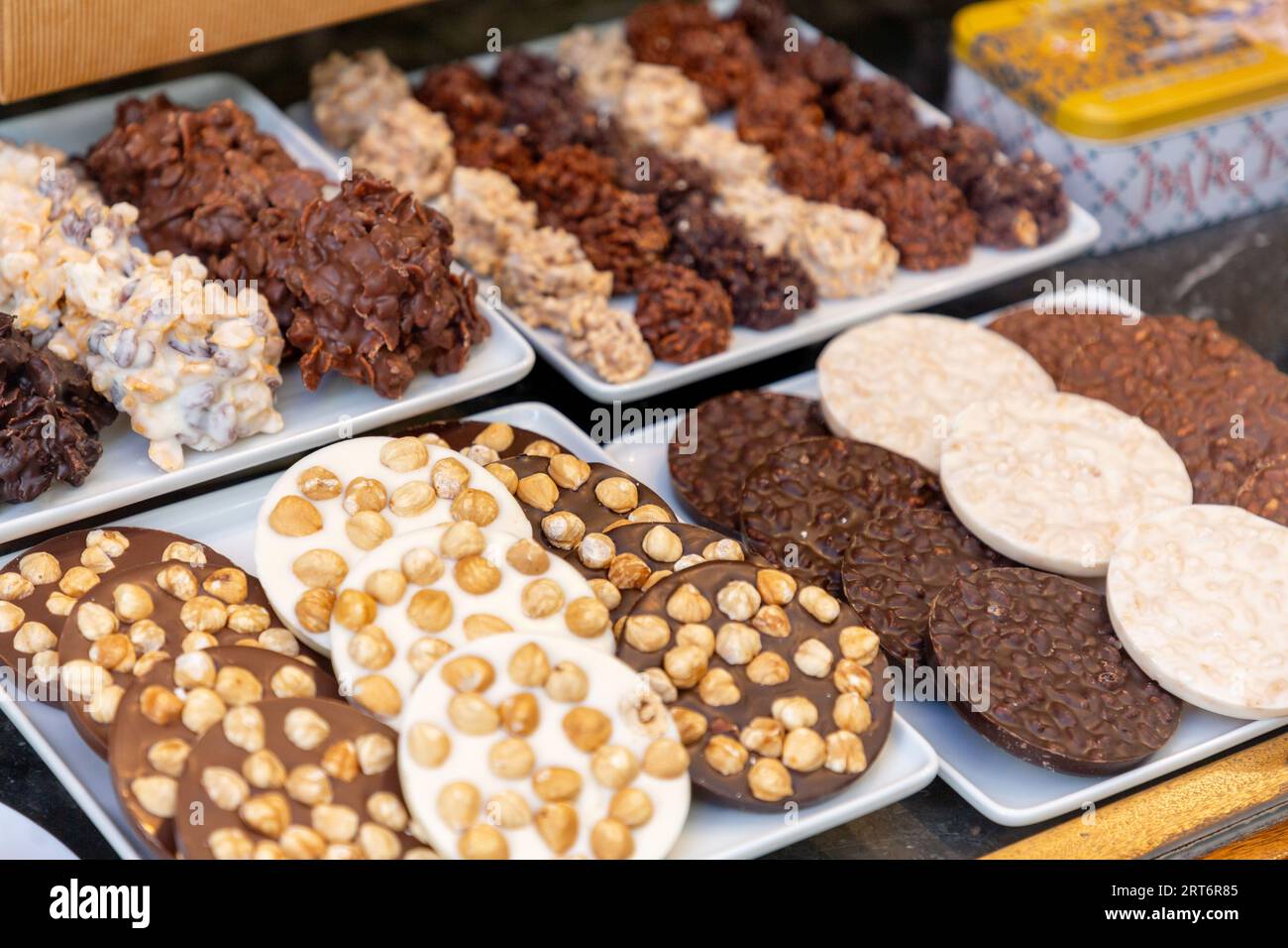 Barcelona, Spain - FEB 13, 2022: Handmade artisan chocolates displayed ...