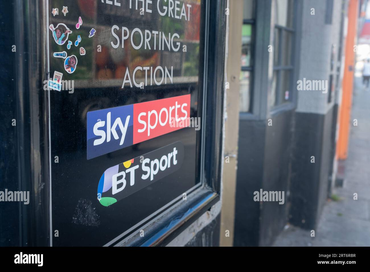 LONDON- AUGUST 15, 2023: Sky Sports and BT Sport logo on exterior of ...
