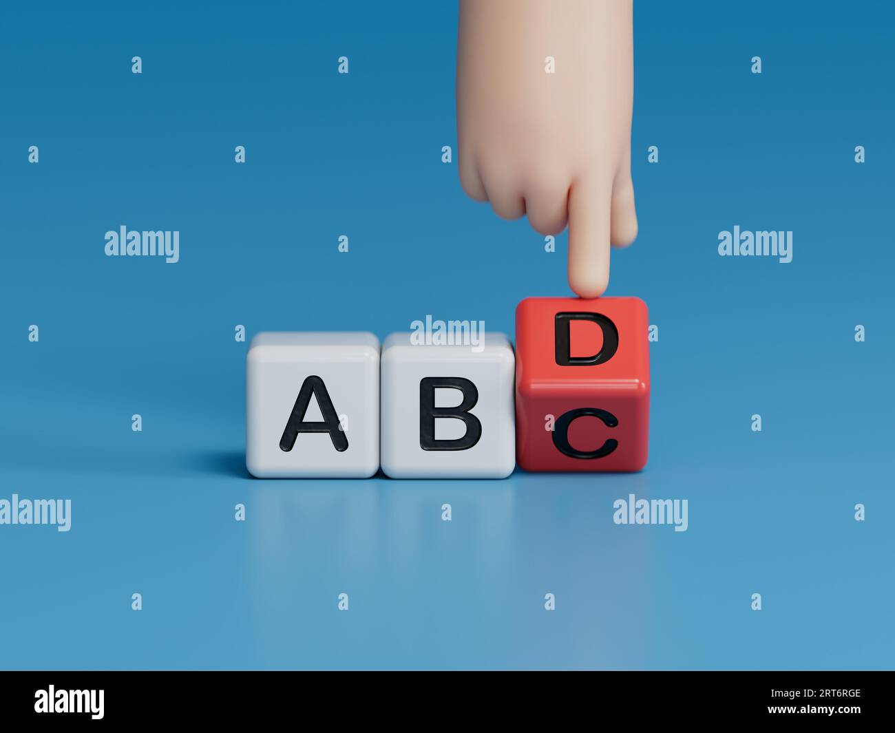 Wooden alphabet cube with words ABCD closeup and children hands on black background. Selective ...