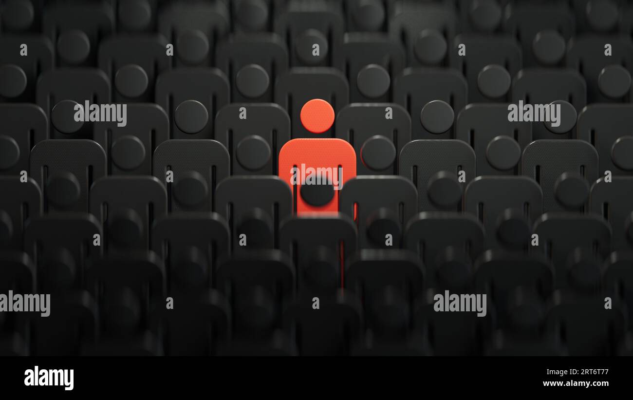 Unique color red human shape among dark ones. Leadership, individuality ...