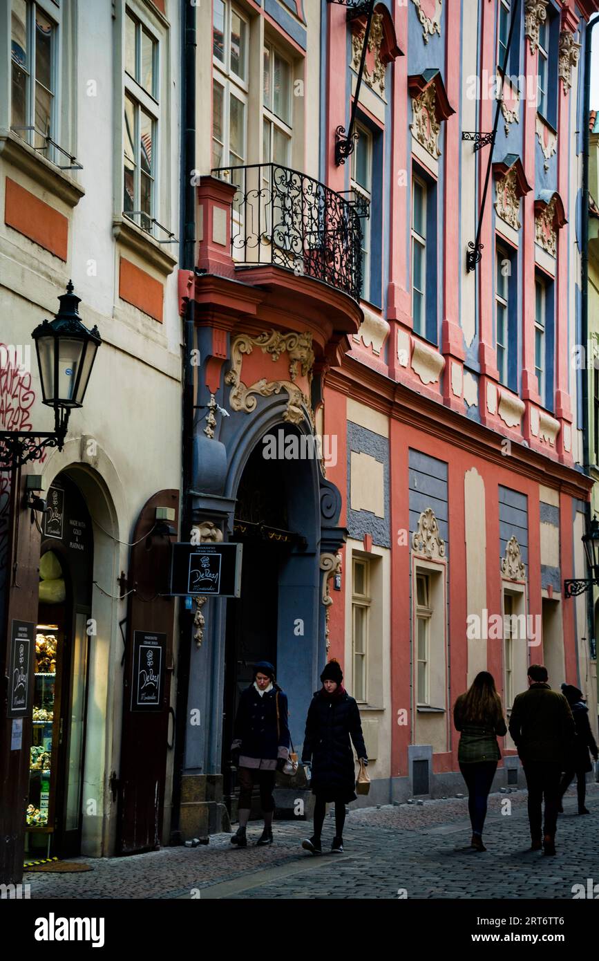 Iron balcony and arched portal on Baroque gem in Little Square, Prague ...