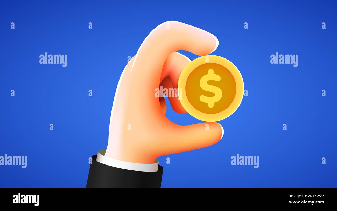 3d cartoon hand holding golden dollar coin. Investment, profit, payment ...
