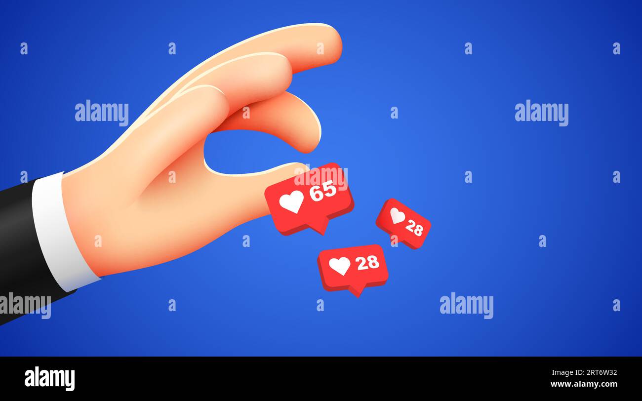 Cartoon hand hold flying like signs. Social media marketing, like ...