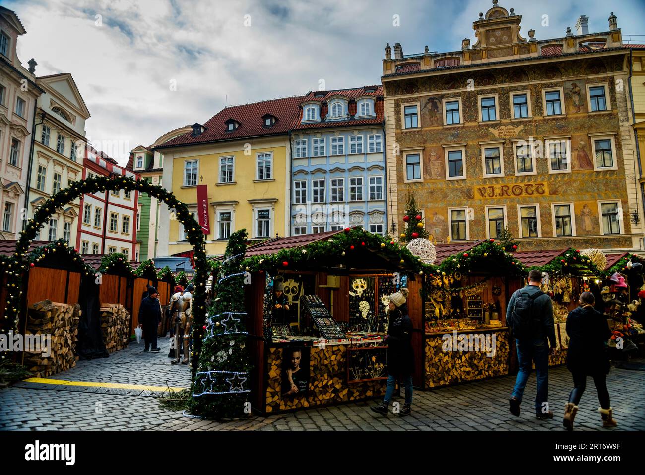 Renaissance style sgraffito painted building on Little Square in Prague ...