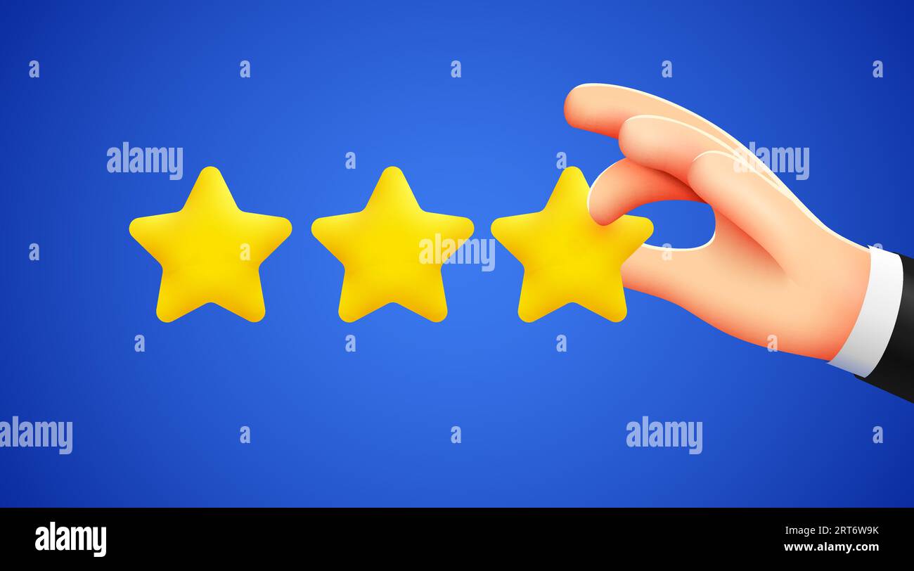 Hand pointing three gold star rating. Modern 3d style. Vector ...