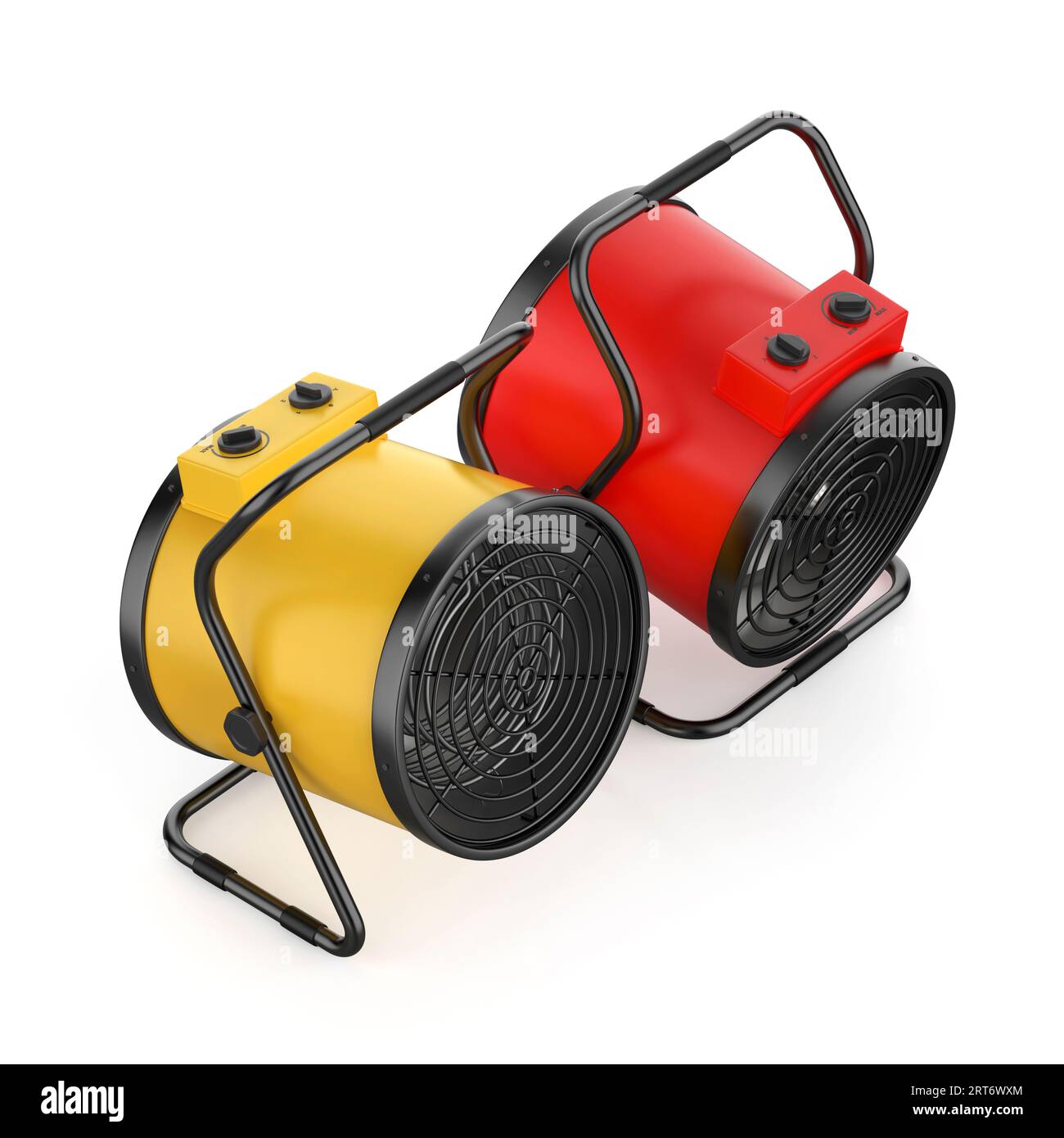 Yellow and red industrial electric fan heaters on white background ...