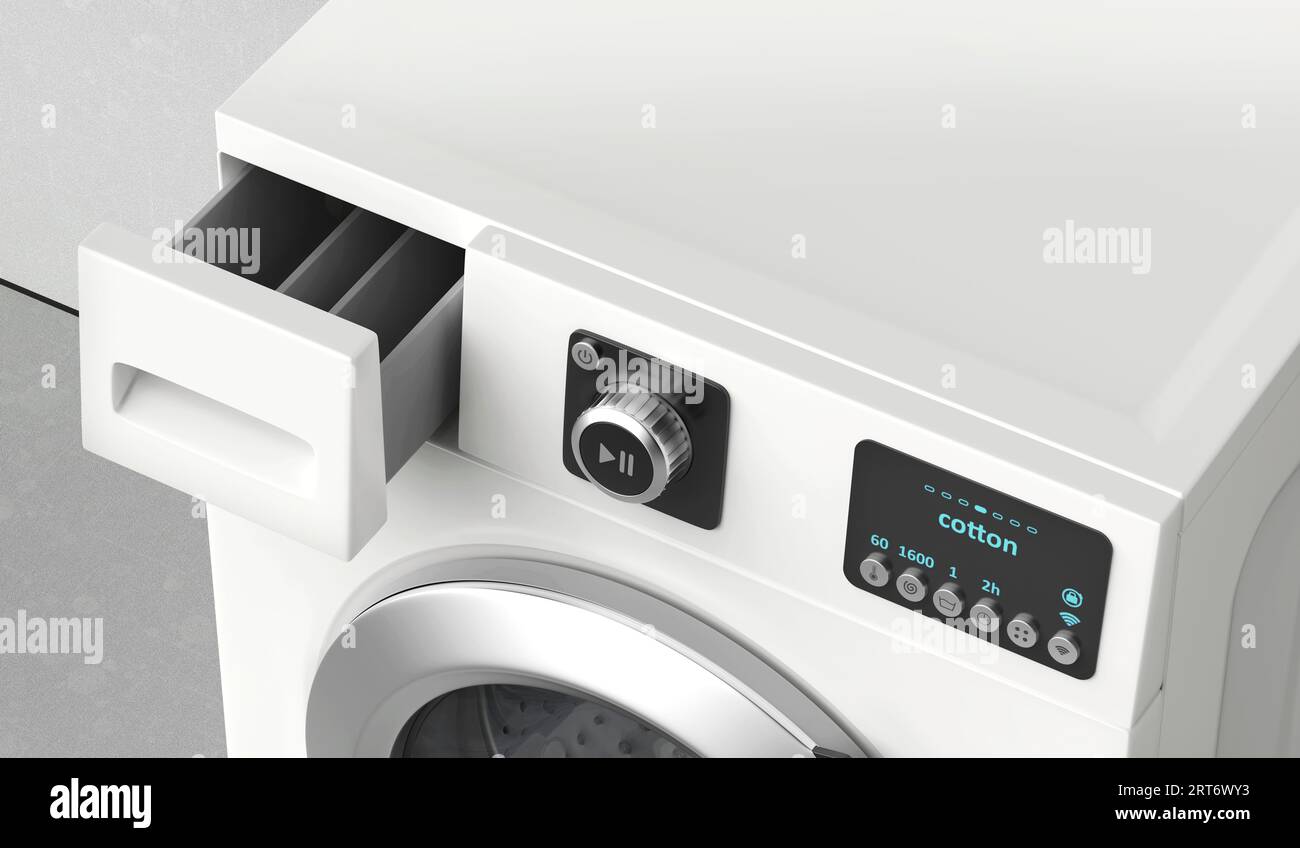 Modern washing machine with open detergent drawer Stock Photo - Alamy