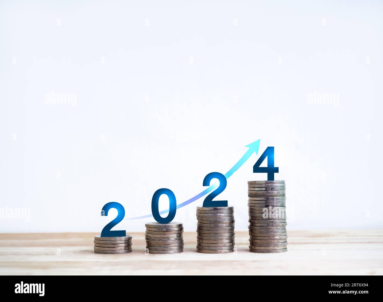 2024, new year number and blue rise up arrow on coin stacked bar graph ...