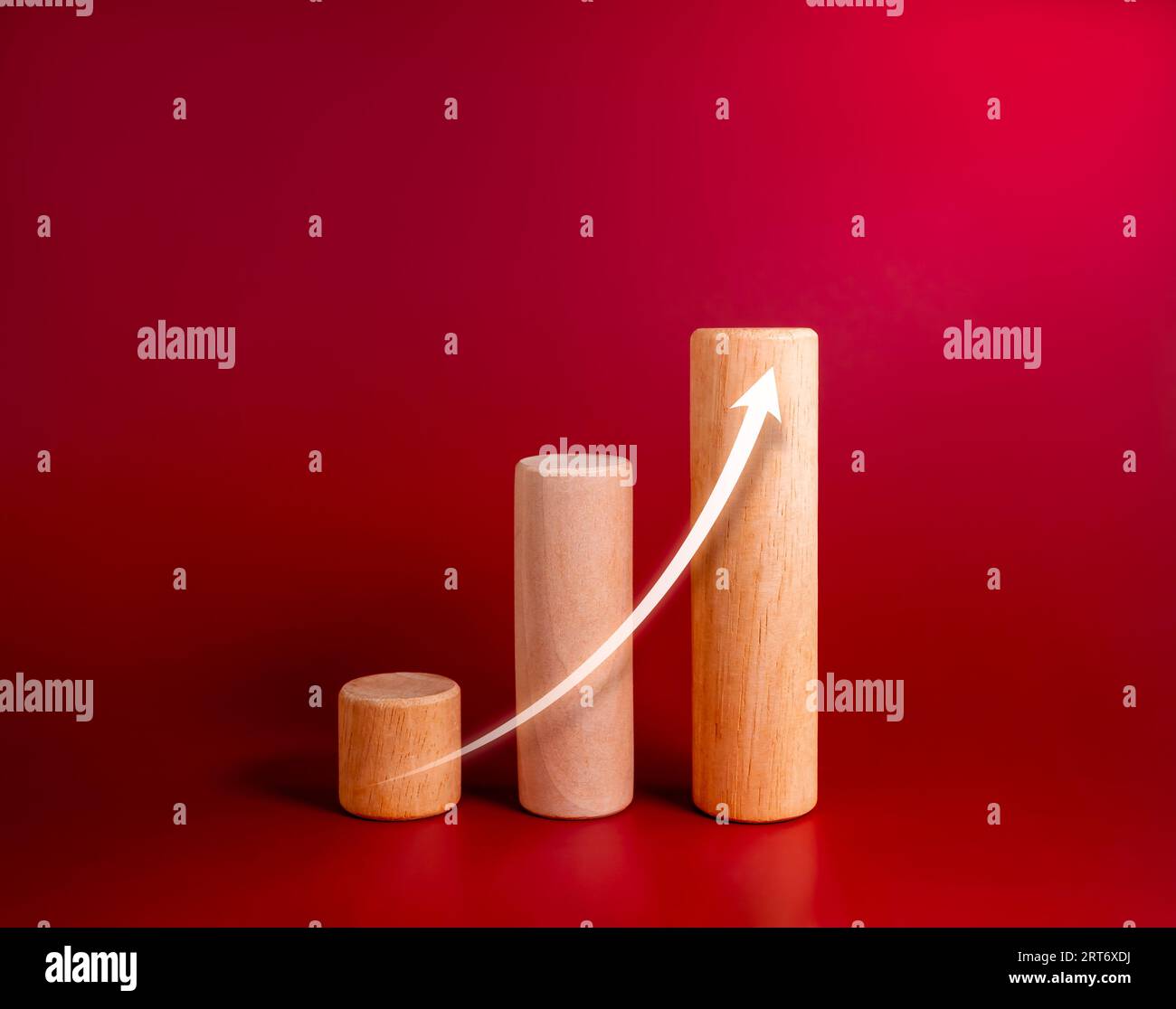 Rise up increase arrow on wooden sticks as chart steps isolated on red ...