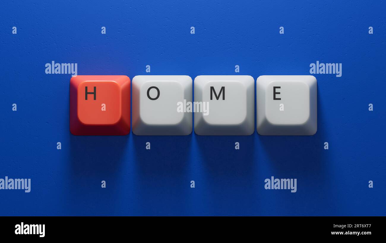 Home.Computer keyboard keys spelling.Flat lay view from above on blue background with computer ...