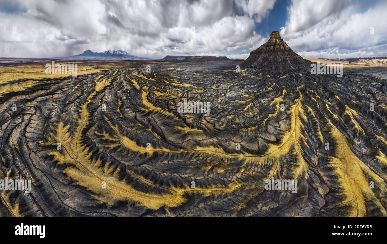 Spectacular aerial view of rough surface of rocky formations of Factory ...