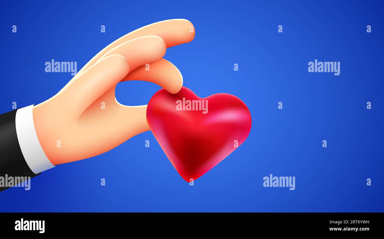 Cartoon 3d hand hold red heart. Donation or social media follower ...