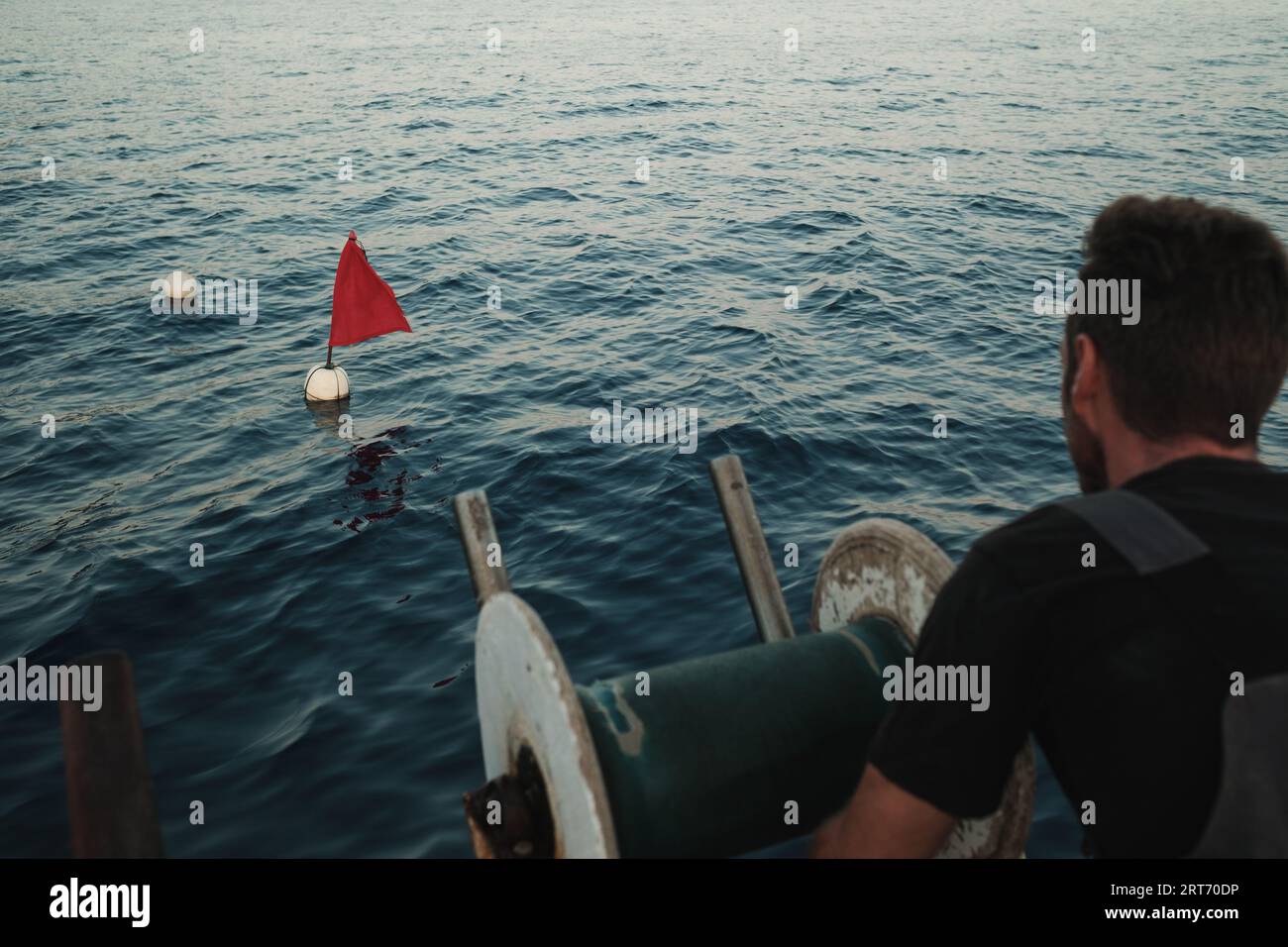 Back view of anonymous male life saver looking away while standing near ...