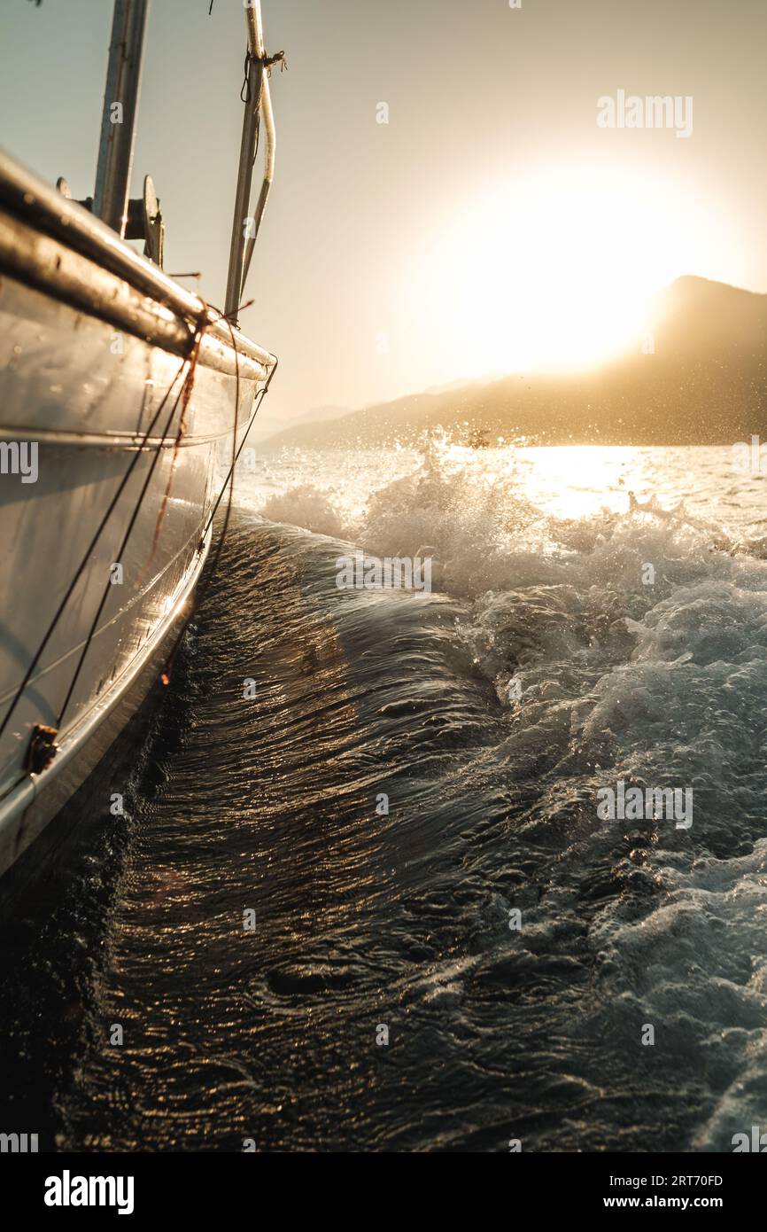 Schooner floating in open wavy sea in Soller near Balearic Islands of ...