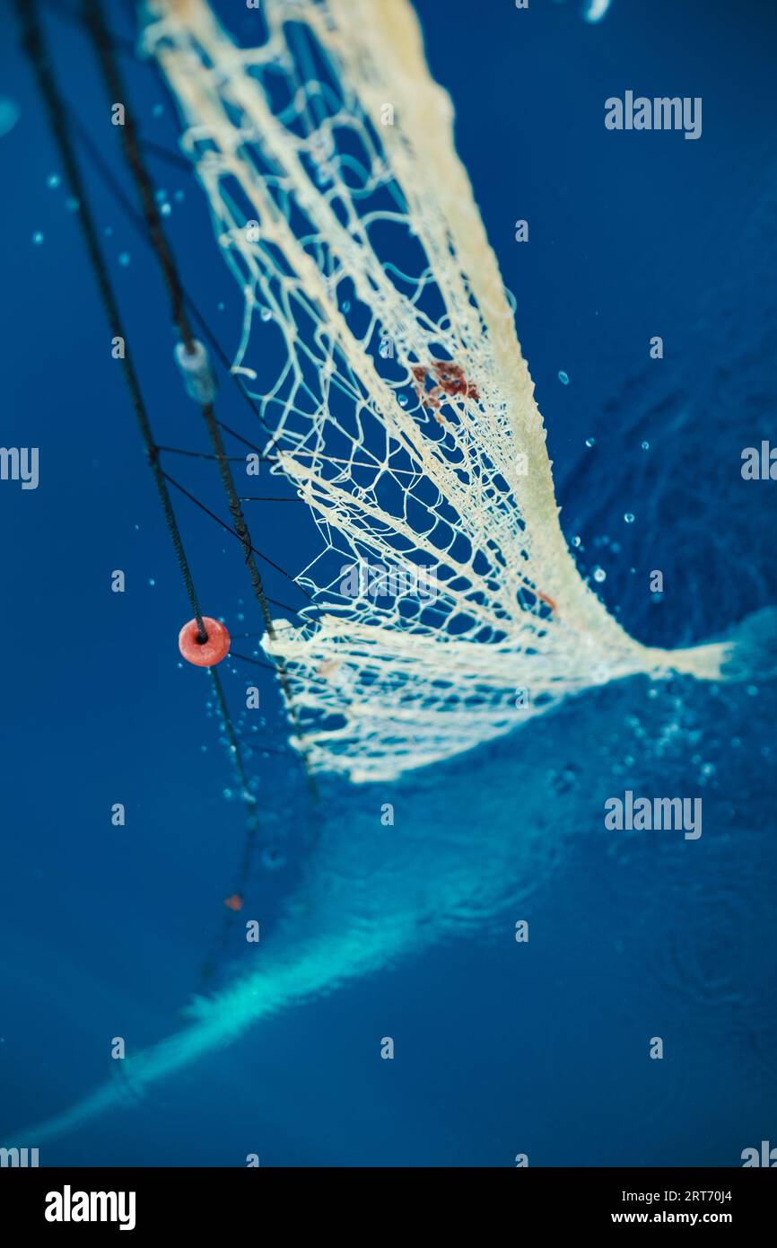 Large net with ropes floating in deep blue sea water under sunlight ...