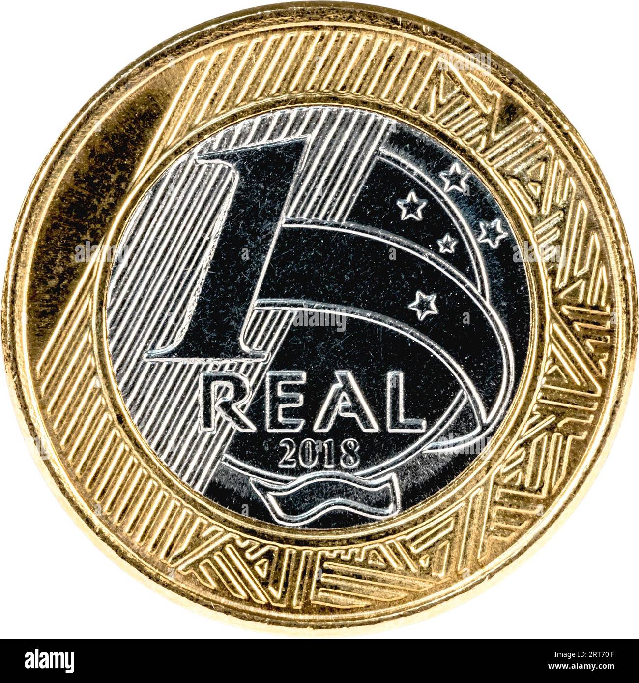 A close-up image of a single Brazilian Real coin isolated on a plain ...
