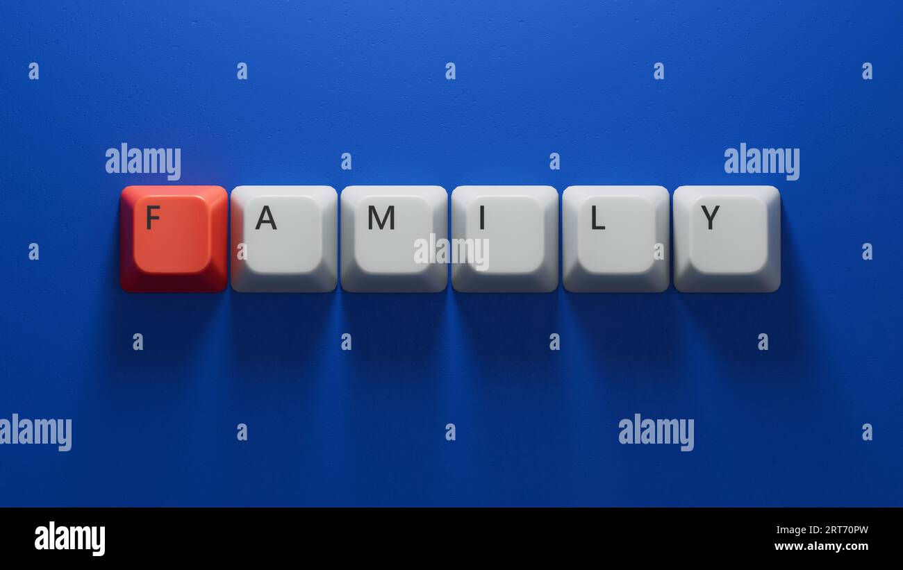 family.Computer keyboard keys spelling.Flat lay view from above on blue ...