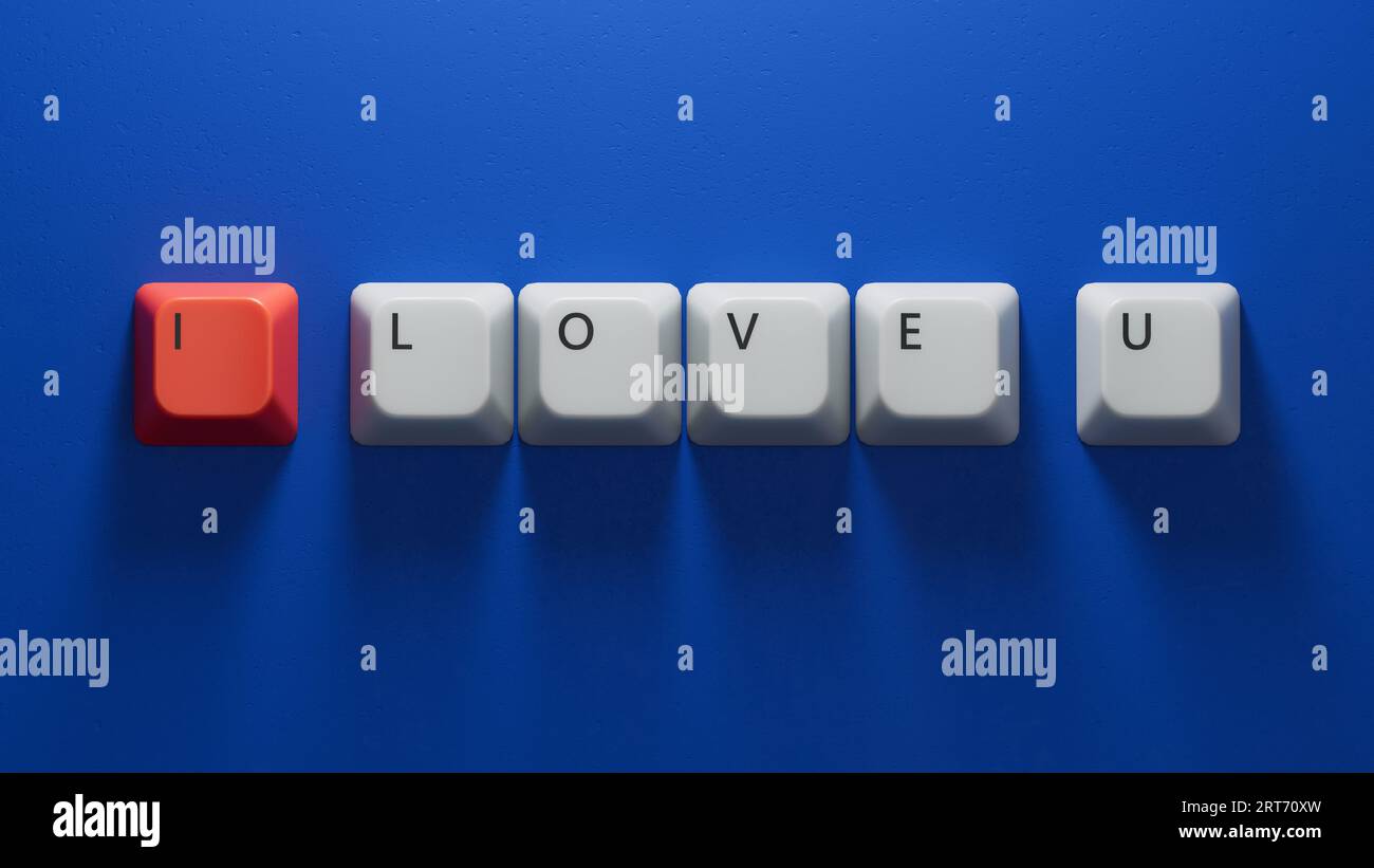 i love you.Computer keyboard keys spelling.Flat lay view from above on blue background with ...