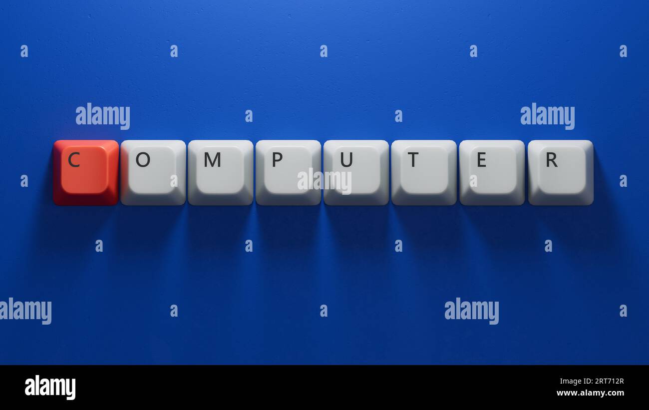 Computer Computer Keyboard Keys Spelling Flat Lay View From Above On Blue Background With