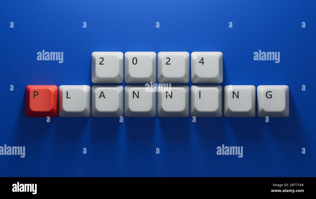 Planning 2024.Computer keyboard keys spelling.Flat lay view from above on blue background with ...