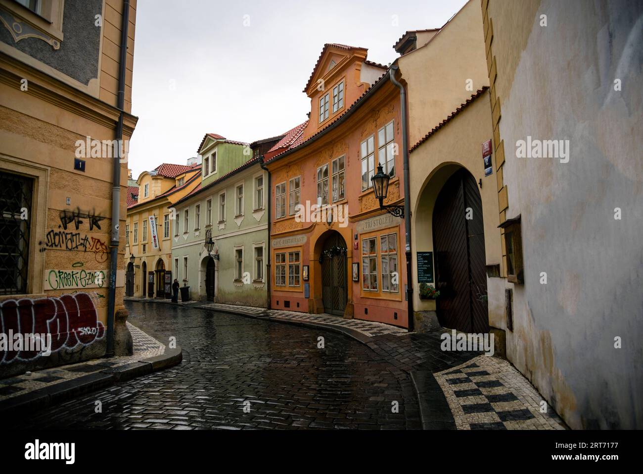 Baroque Tri Stoleti in medieval cobblestone clad Prague, Czech Republic ...