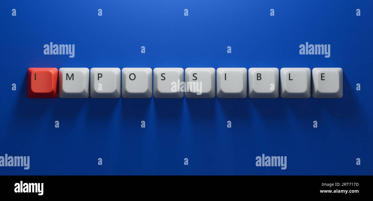 impossible.Computer keyboard keys spelling.Flat lay view from above on blue background with ...