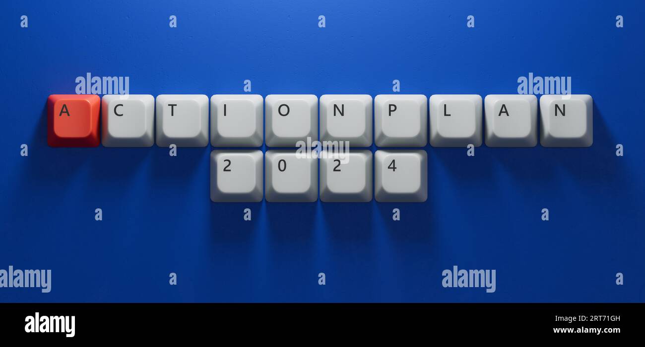 Action plan 2024. Computer keyboard keys spelling.Flat lay view from above on blue background ...