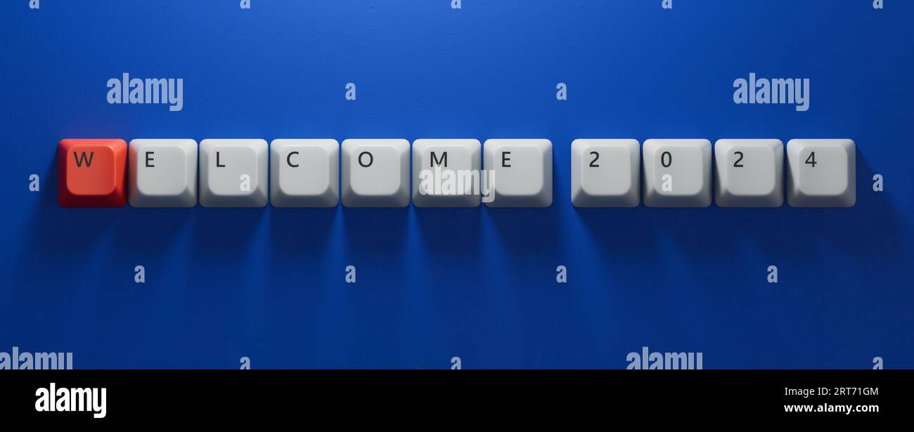 Welcome 2024.Computer keyboard keys spelling.Flat lay view from above on blue background with ...
