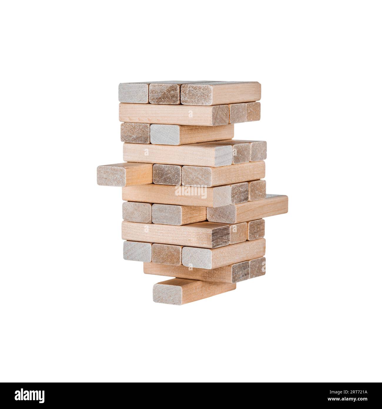 Wooden blocks playing the tower game isolated on white and lined up in ...
