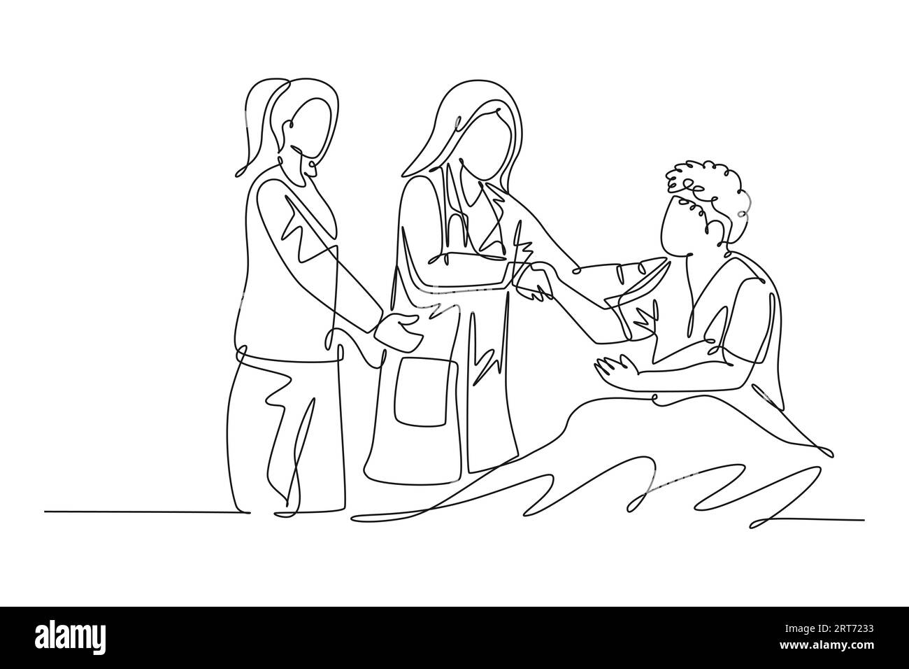 Continuous one line drawing pretty female doctor and nurse visit a ...