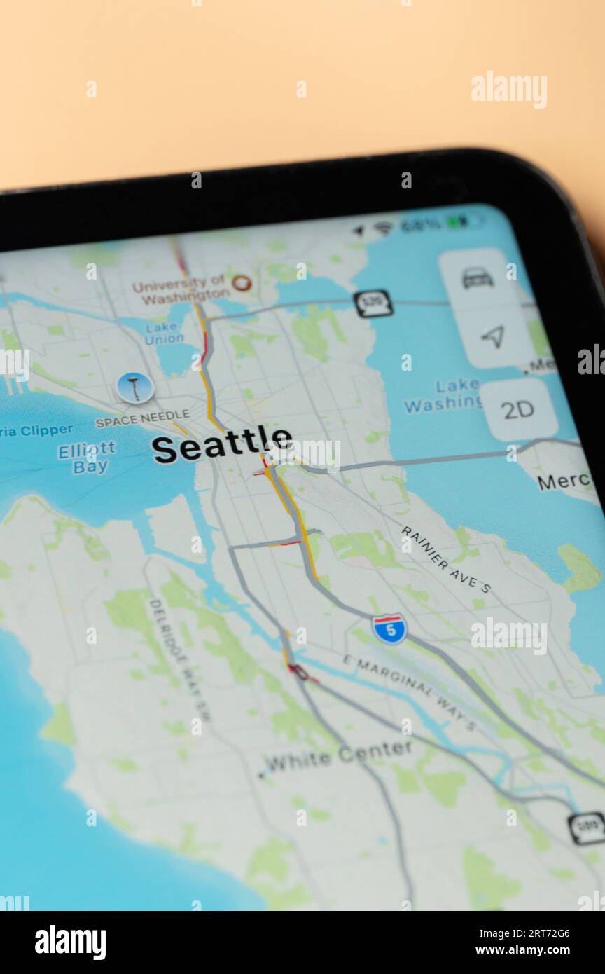New York, USA - August 24, 2023: Car traffic in Seattle on google maps app on tablet screen ...