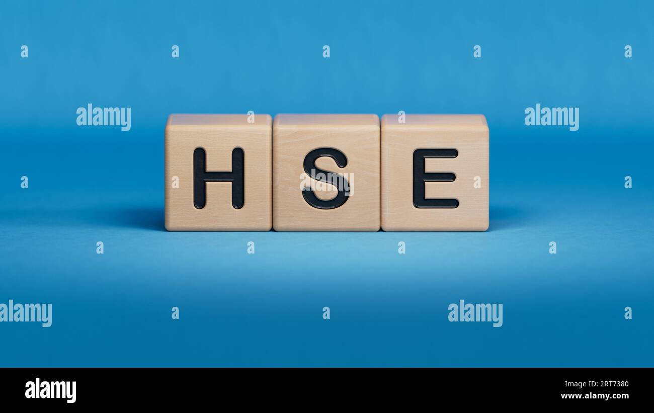 HSE Health Safety Environment acronym on wooden cubes.3D rendering on ...