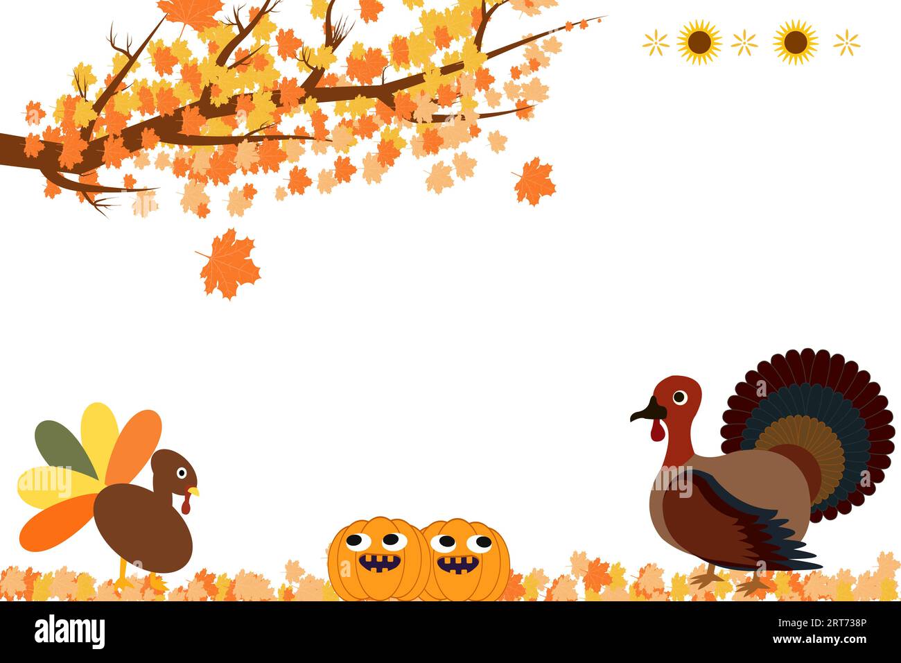 Thanksgiving day Border with autumn leaves and Turkey hen, corn ...