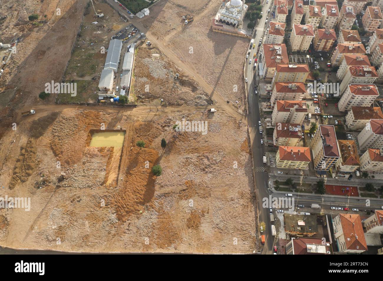 aerial view of a construction site, tower in making. drone shot of a ...