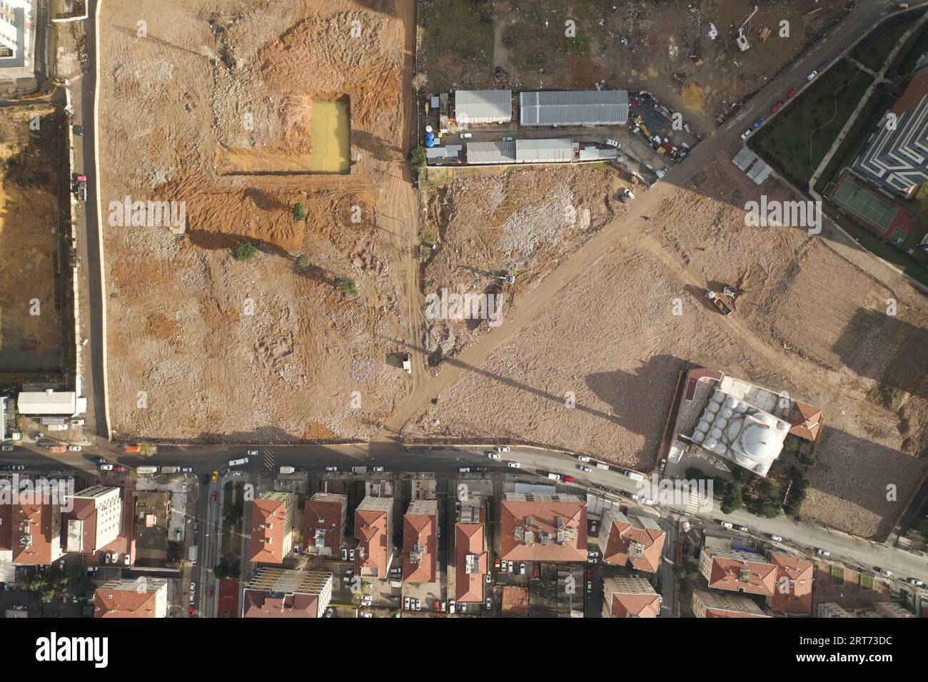 aerial view of a construction site, tower in making. drone shot of a ...