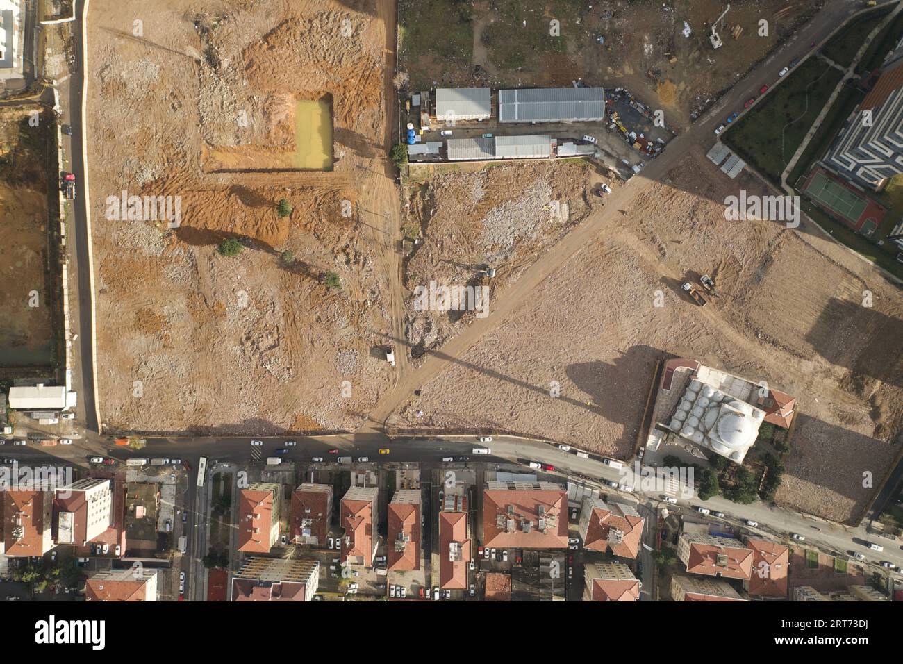 aerial view of a construction site, tower in making. drone shot of a ...