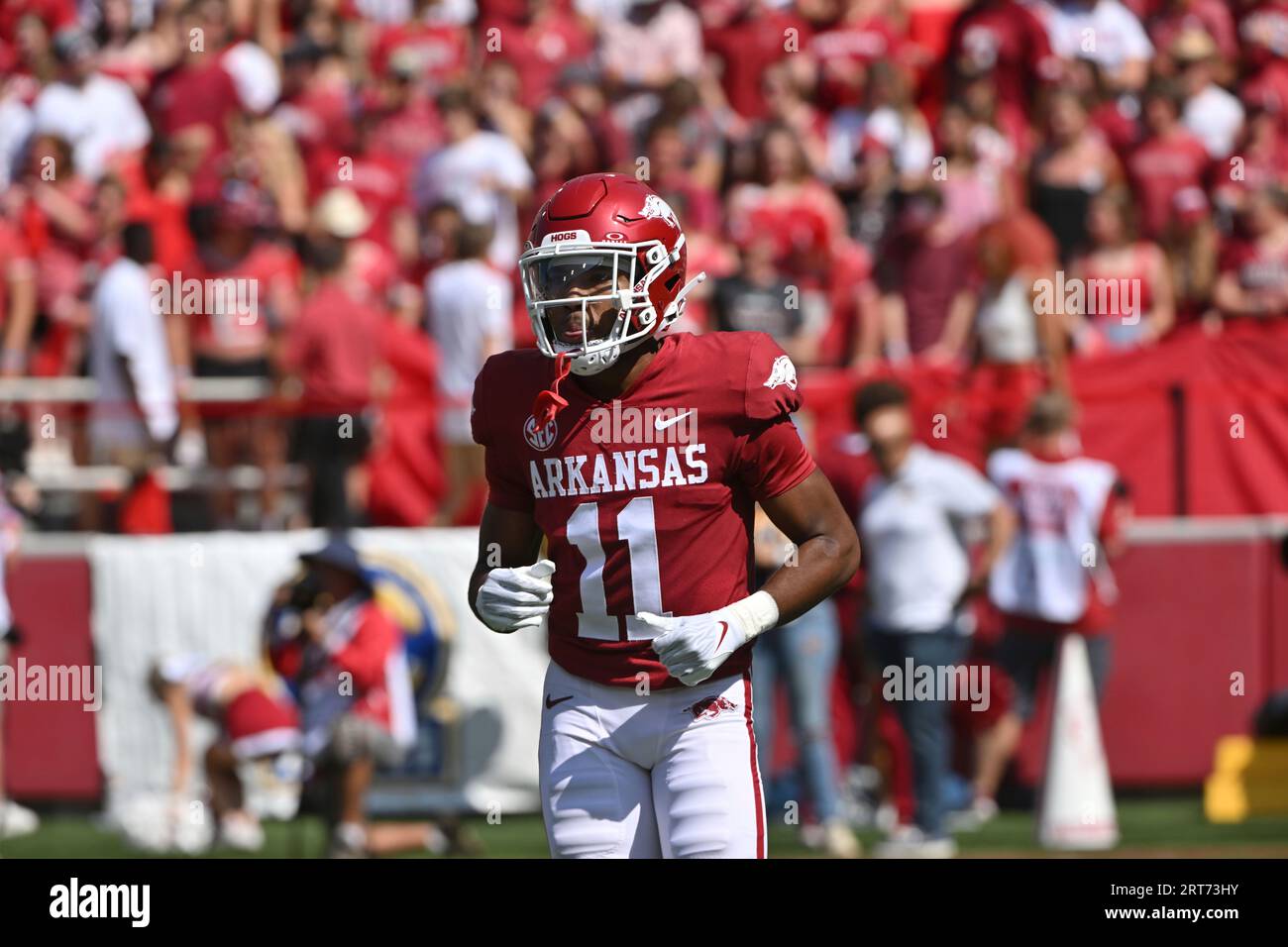 Arkansas defensive back Jaylon Braxton reacts after a play against Kent ...