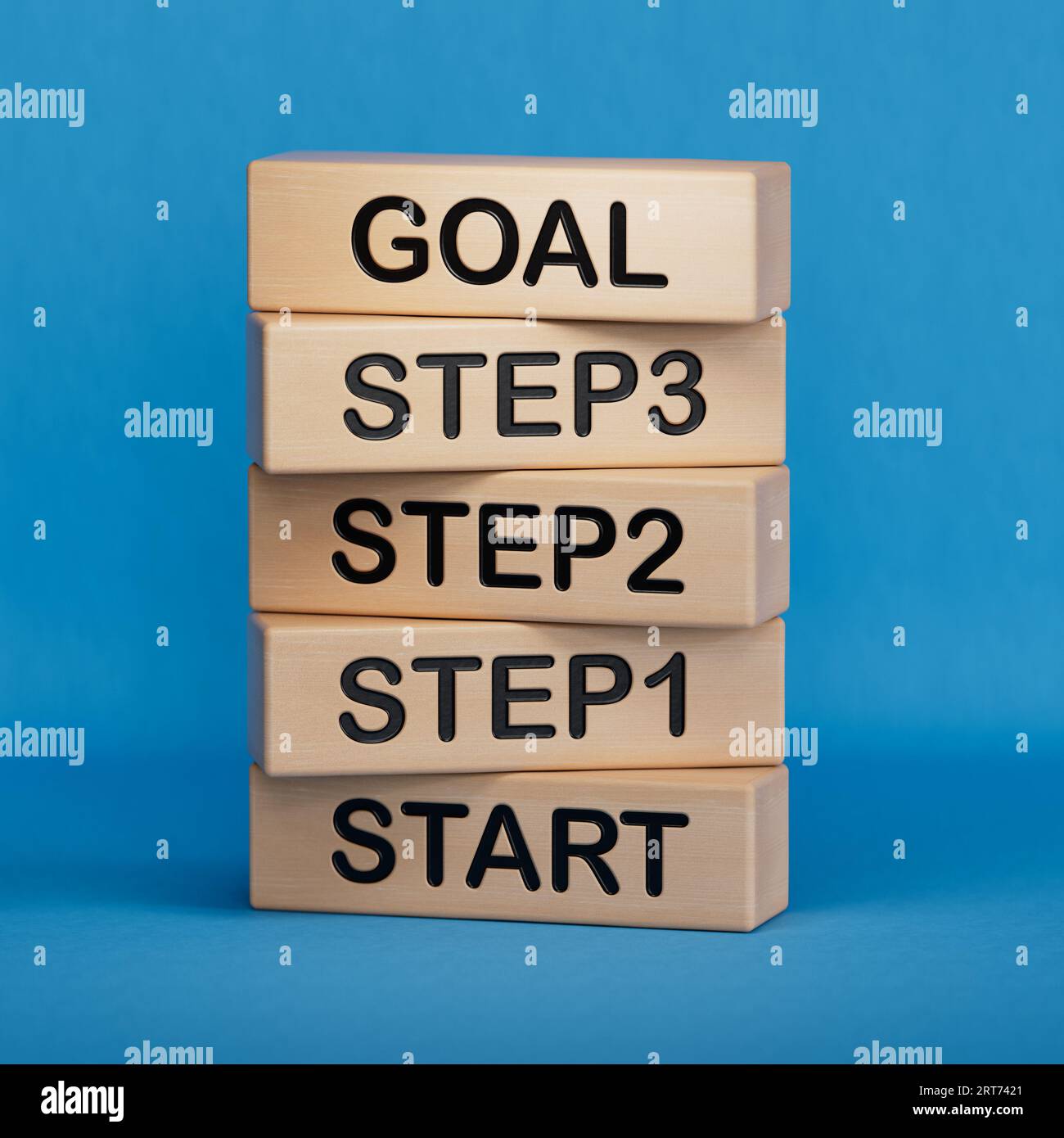 Start, step and goal symbol. Concept words Start step 1 2 3 goal on wooden blocks. Businessman ...