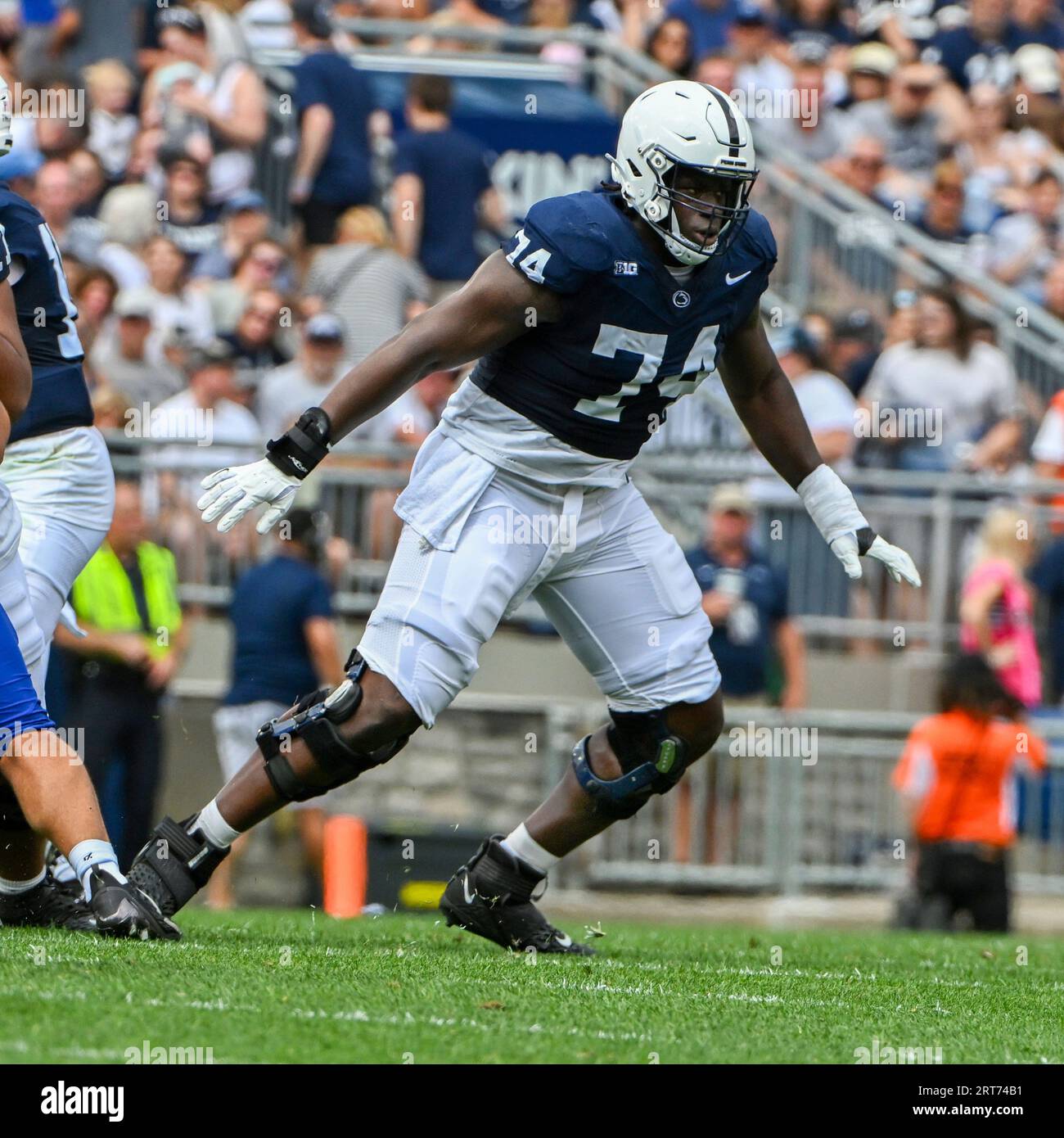Penn State offensive lineman Olumuyiwa Fashanu (74) blocks against Delaware during the first ...