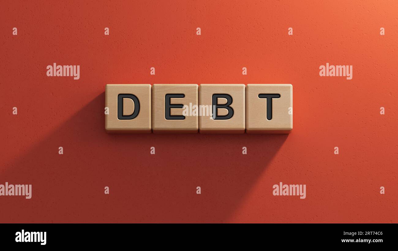 DEBT text on wooden blocks, financial business concept.3D rendering on ...