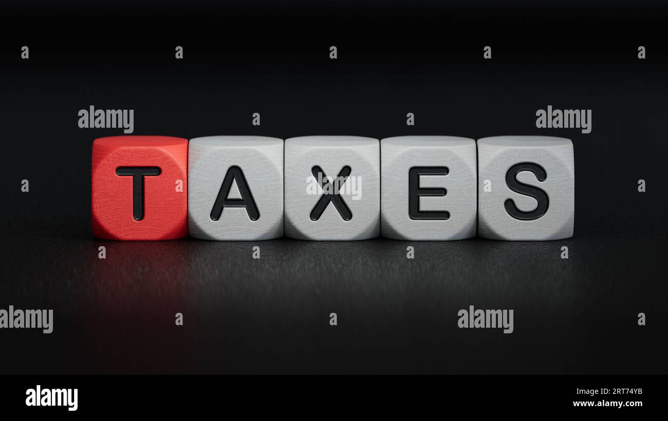 Symbol for increasing tax returns. Dice form the word "taxes".3D ...