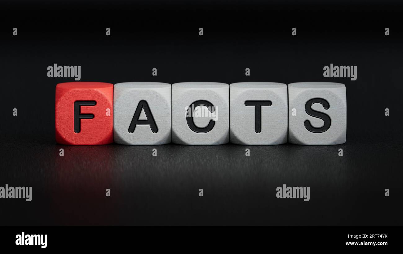 Dice form the word "facts".3D rendering on black background Stock Photo - Alamy