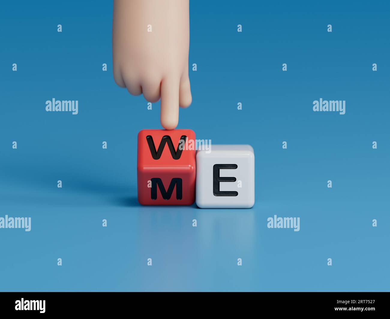 Teamwork concept. Hand turns dice and changes the word "me" to "we".3D ...